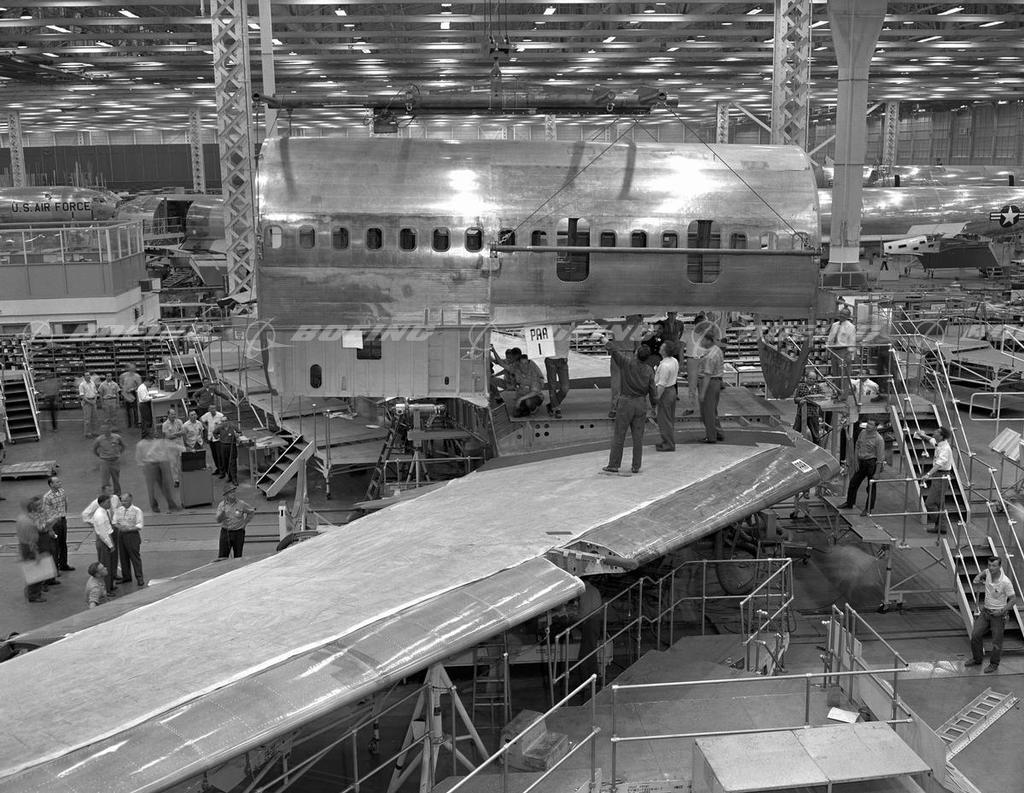 Boeing Images - Early 707 Manufacturing, Fuselage and Wing Mating