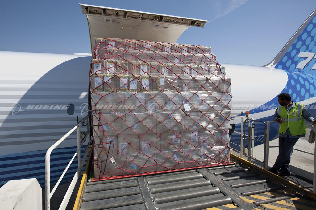 Boeing Images - Loading a cargo pallet onto a 777 Freighter