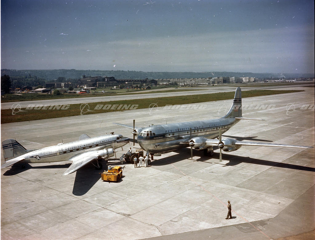 Boeing Images - Boeing Model 377 and DC-3 on Boeing Field runway
