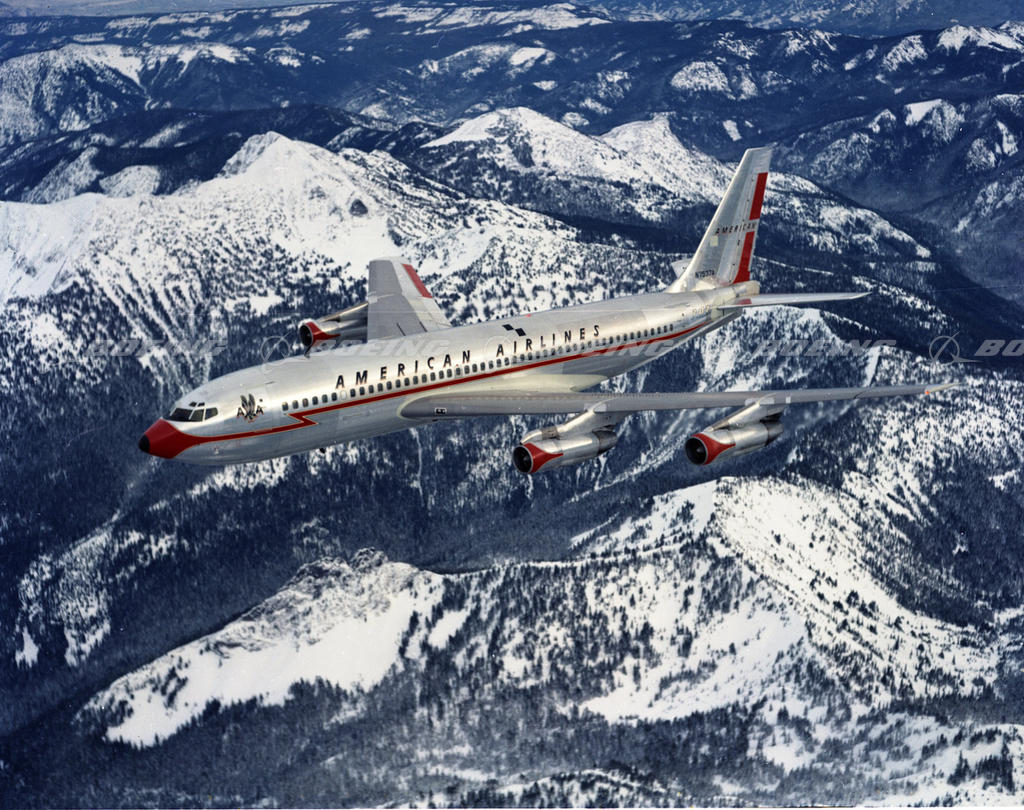 Boeing Images - Boeing 720 American Airlines Flight over Snowy Mountains