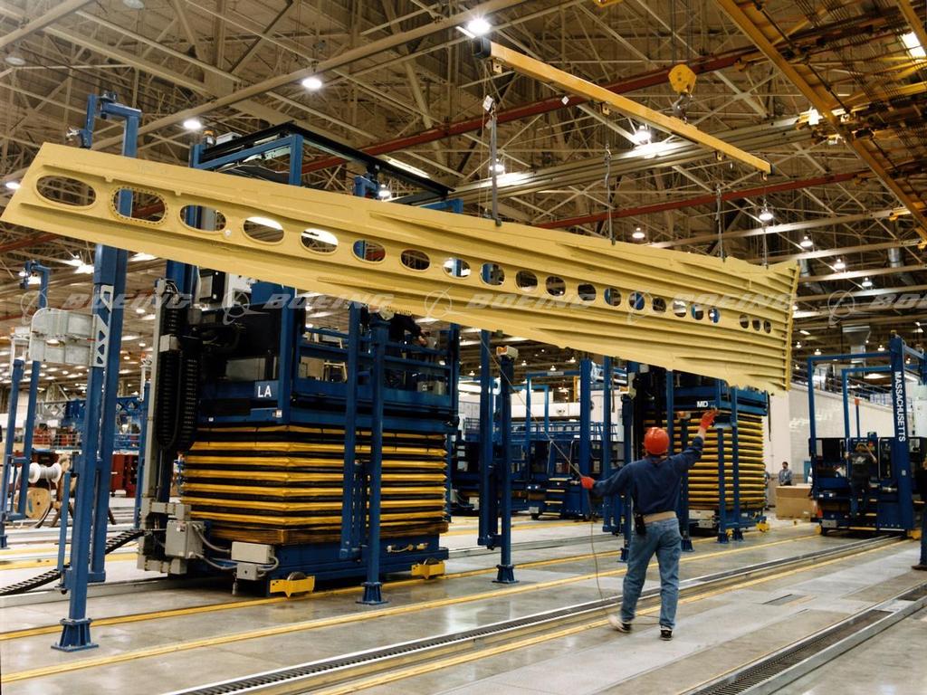 Boeing Images - Worker Guiding 737-700 Wing Structure During Manufacturing