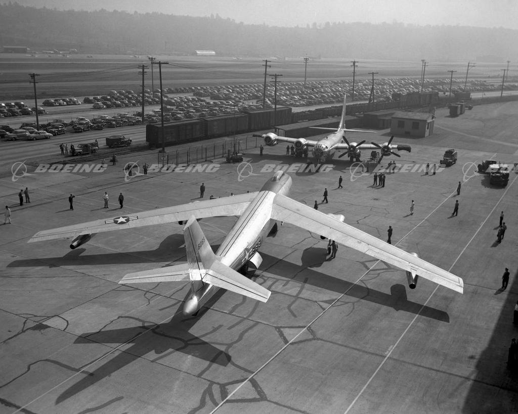 Boeing Images - XB-47 Stratojet Rollout in Front of B-50