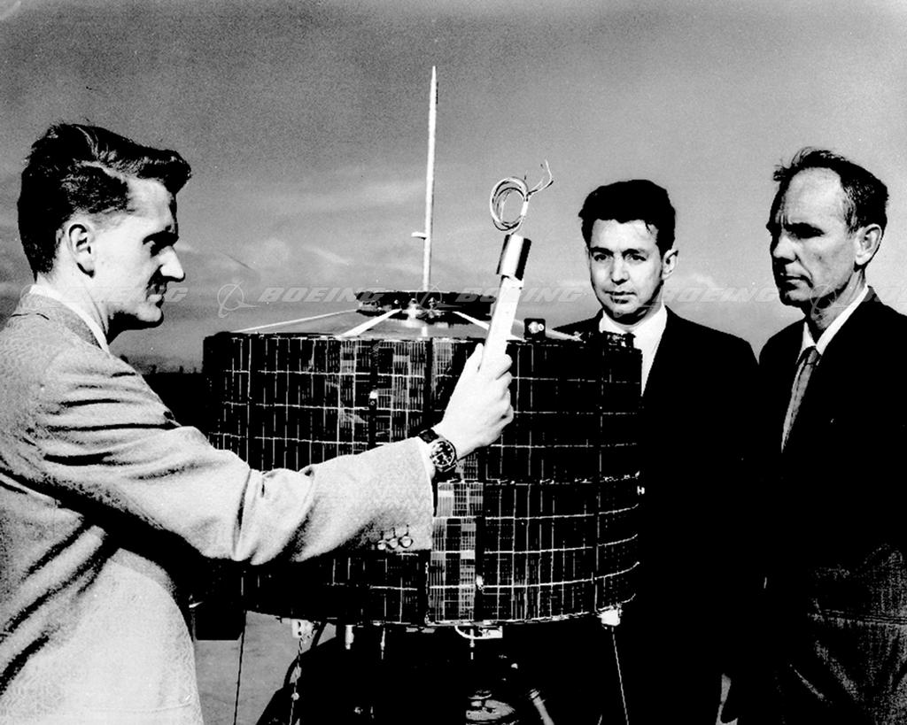 Boeing Images - Engineers pose with Syncom Satellite, 1963