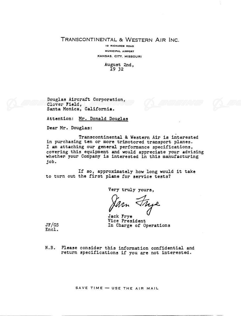 Boeing Images - Page 1 of Jack Frye Letter to Donald Douglas
